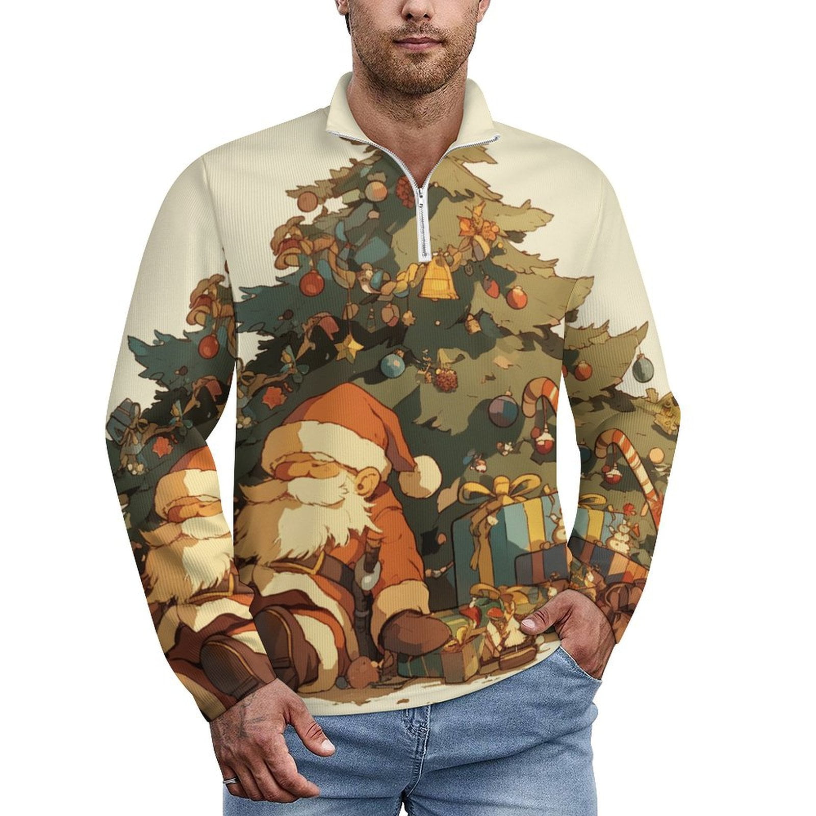 Christmas Santa Claus Men's Sweater Sports POLO Shirt Zip Pullover Mens ...