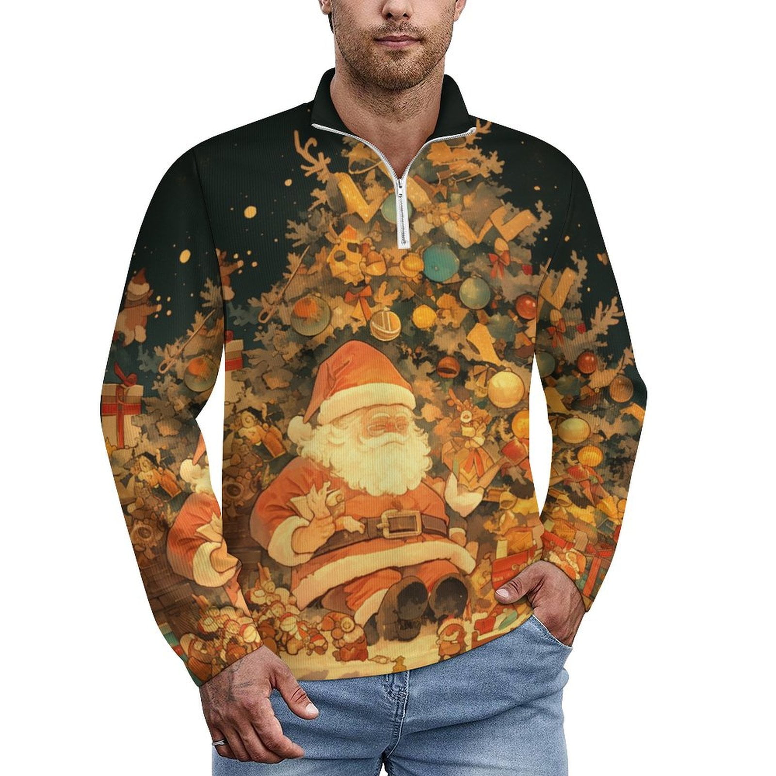 Christmas Santa Claus Men's Sweater Sports POLO Shirt Zip Pullover Mens ...