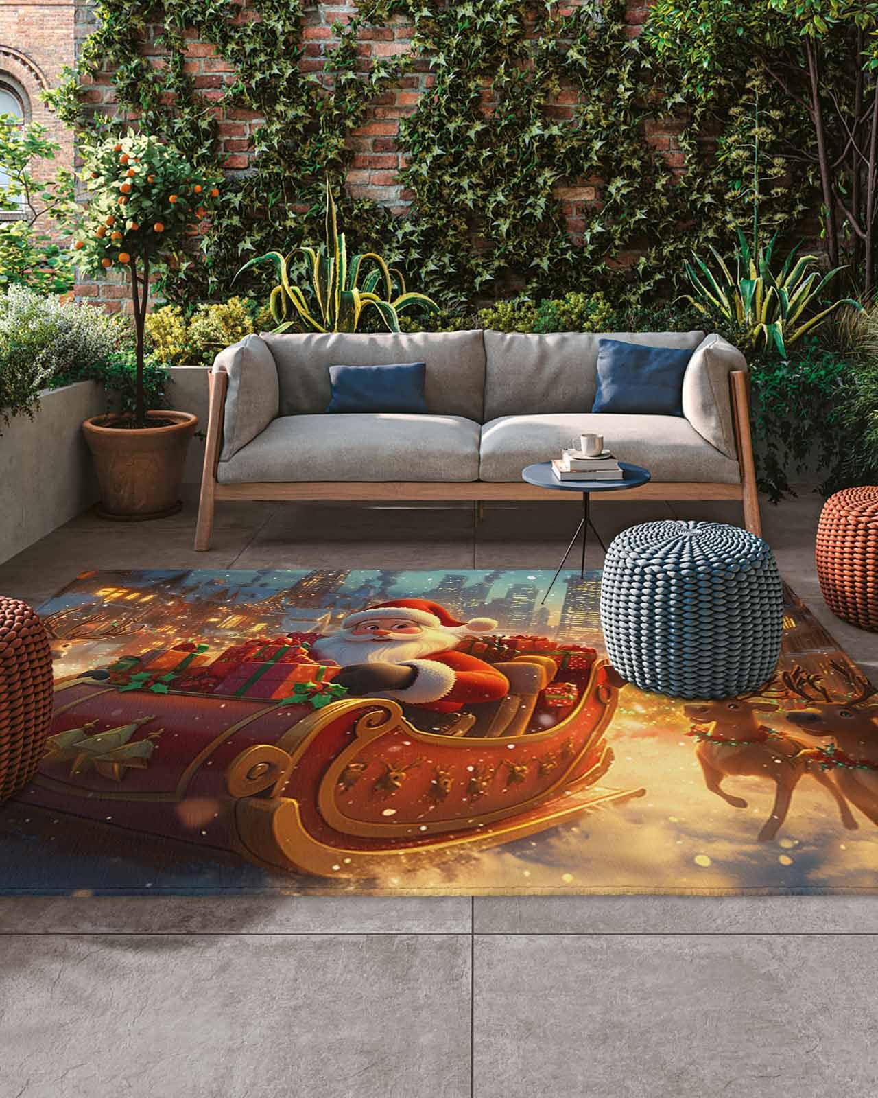 Christmas Santa Claus Outdoor Rug, Winter Sled Gifts Reindeer Funny ...