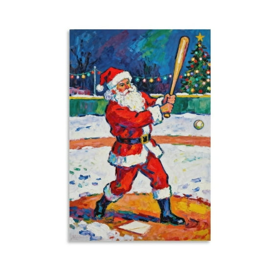 Christmas Santa Claus Play Baseball Vintage Painting On Canvas Wall Art ...