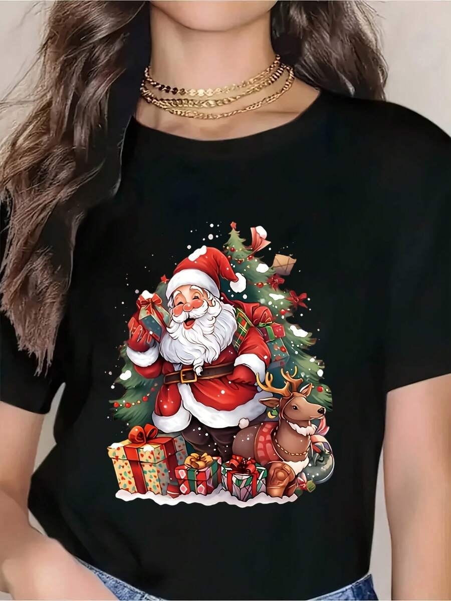 Christmas Santa Claus With Reindeer And Gifts T-Shirt For Women, Festive Holiday Christmas Tree ...