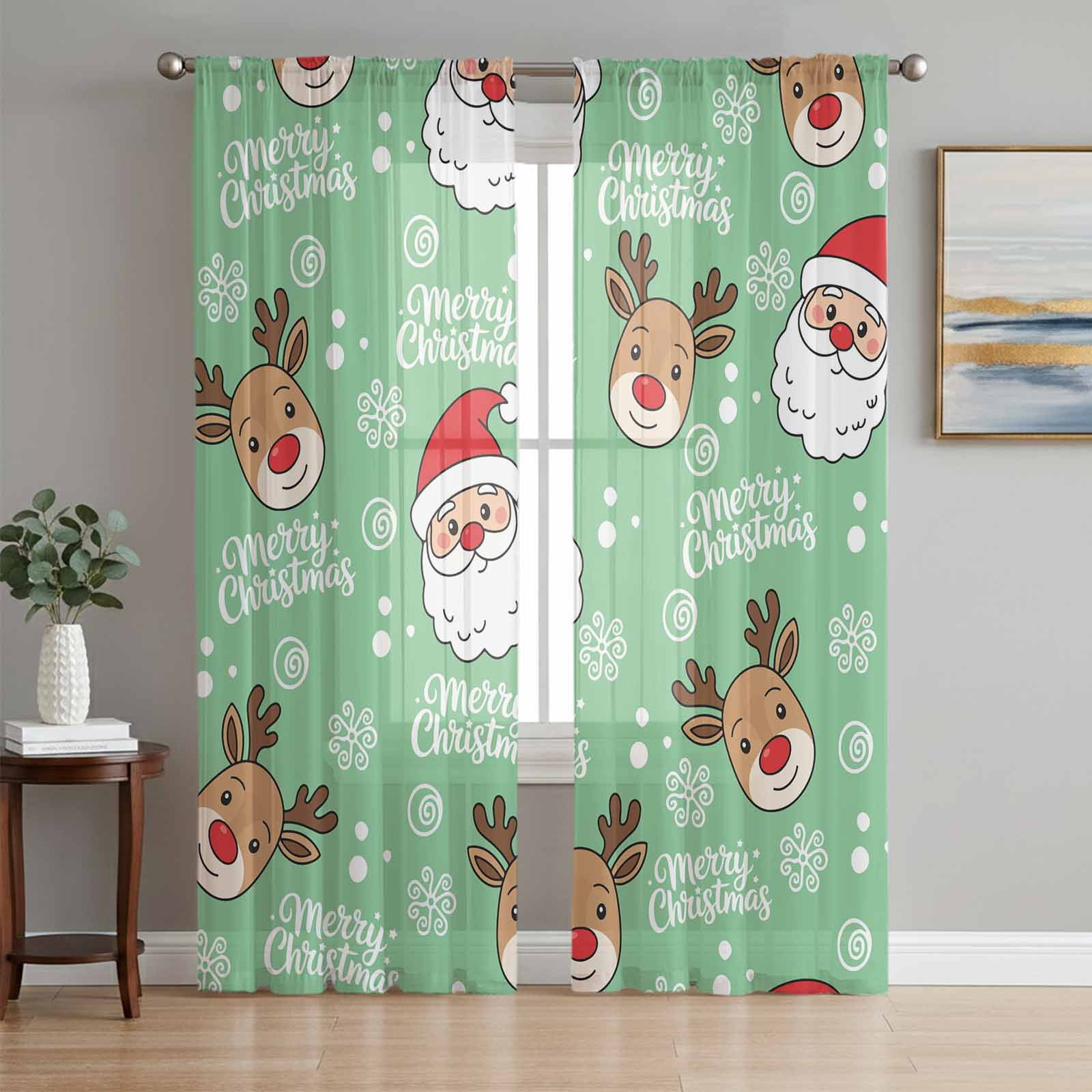 Christmas Santa Claus Sheer Curtains 96 Inch Length 2 Panels Set ...