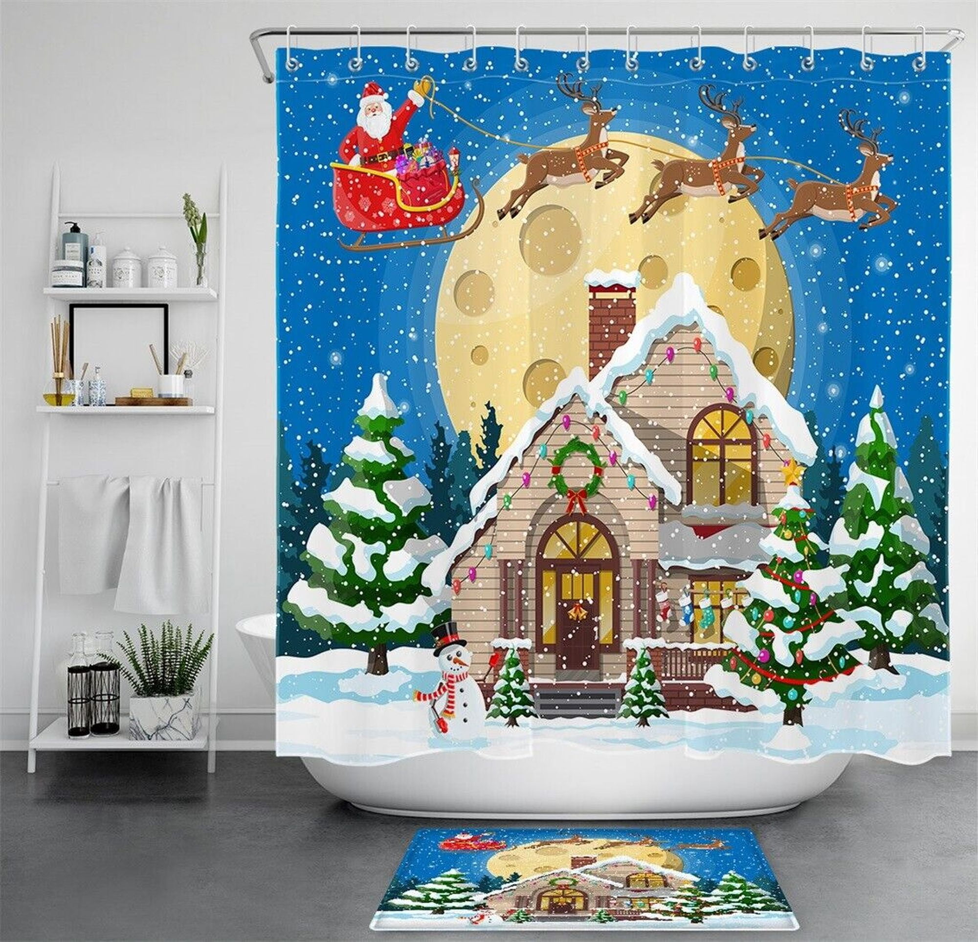 Christmas Santa Claus Snow Forest Cottage Fabric Shower Curtain ...