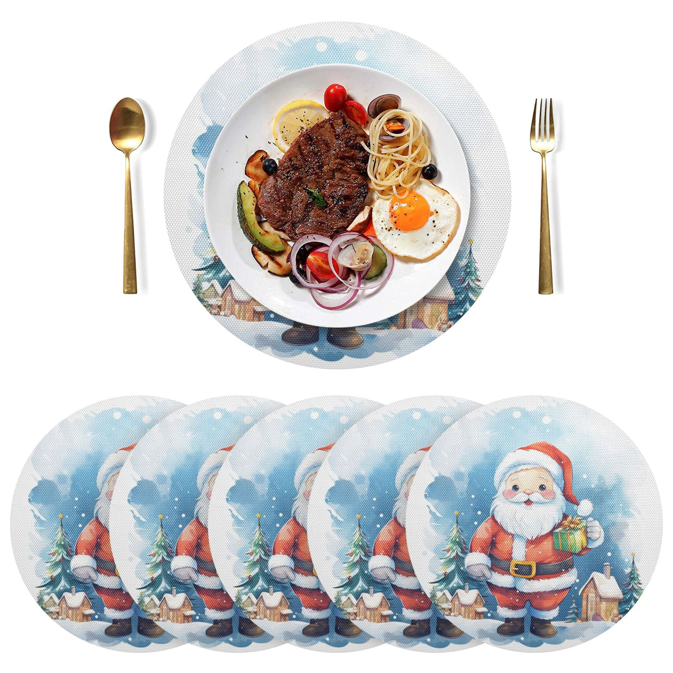 Christmas Santa Claus Trees Houses Black Round Placemats Plate Mats 15 ...