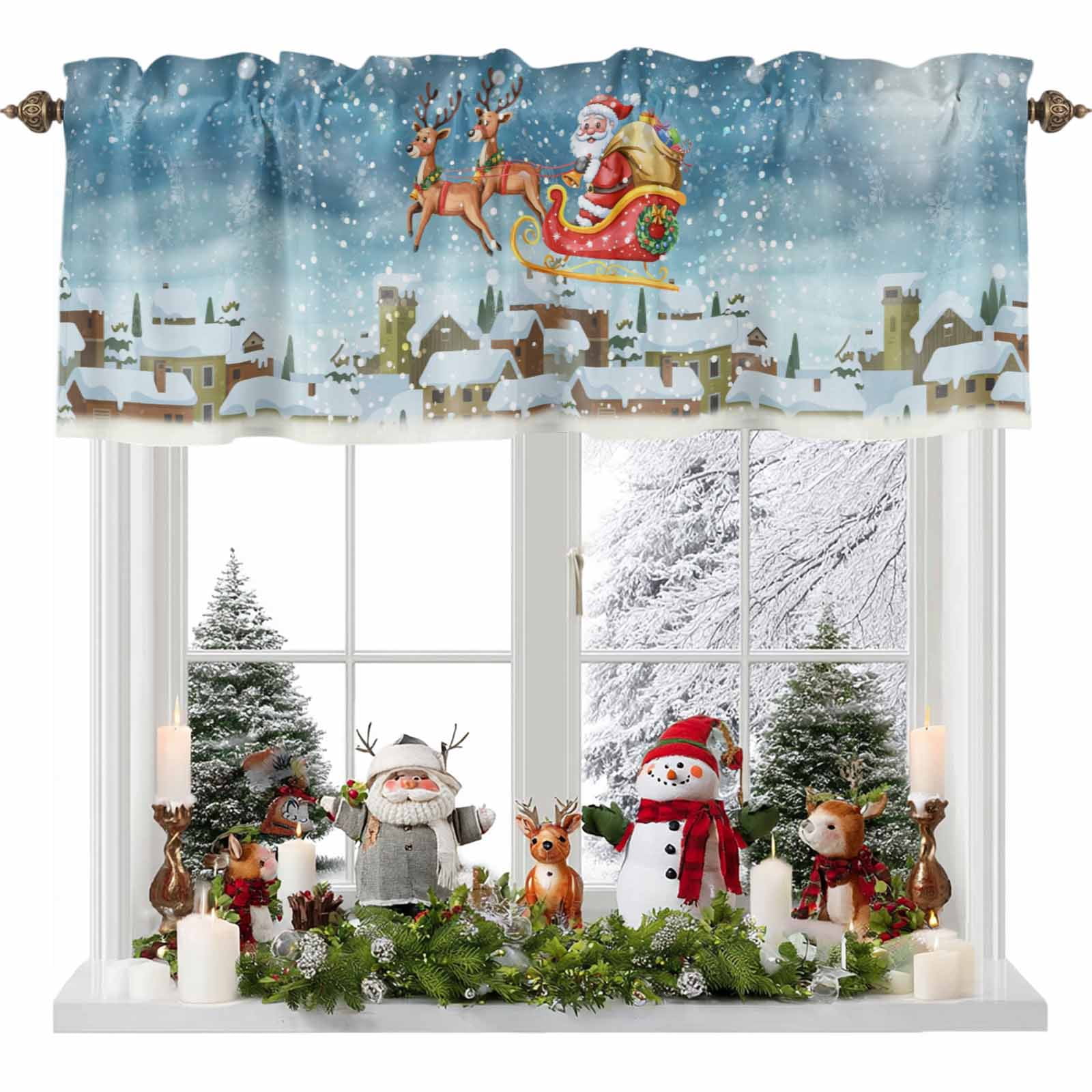 Christmas Santa Claus Valance Curtain for Windows Reindeer Winter ...