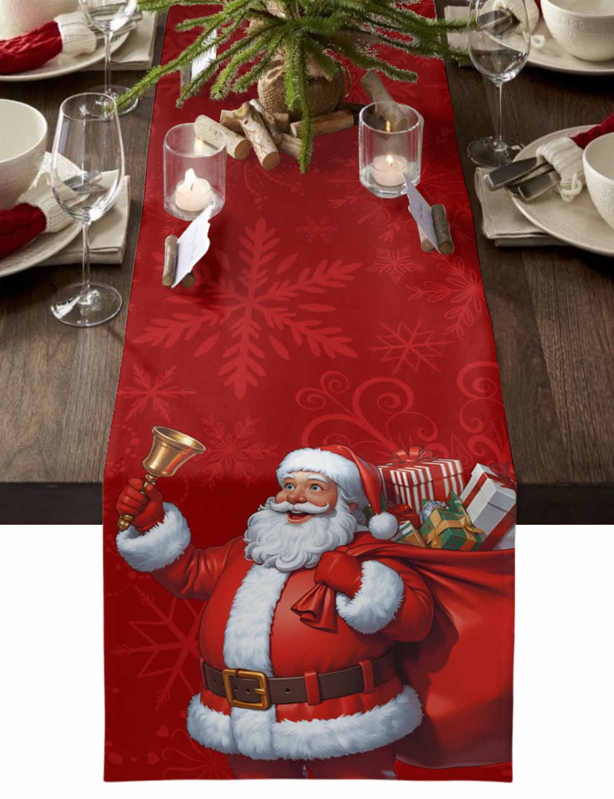 Christmas Santa Cotton Linen Table Runner for Dining Kitchen, Red Xmas ...