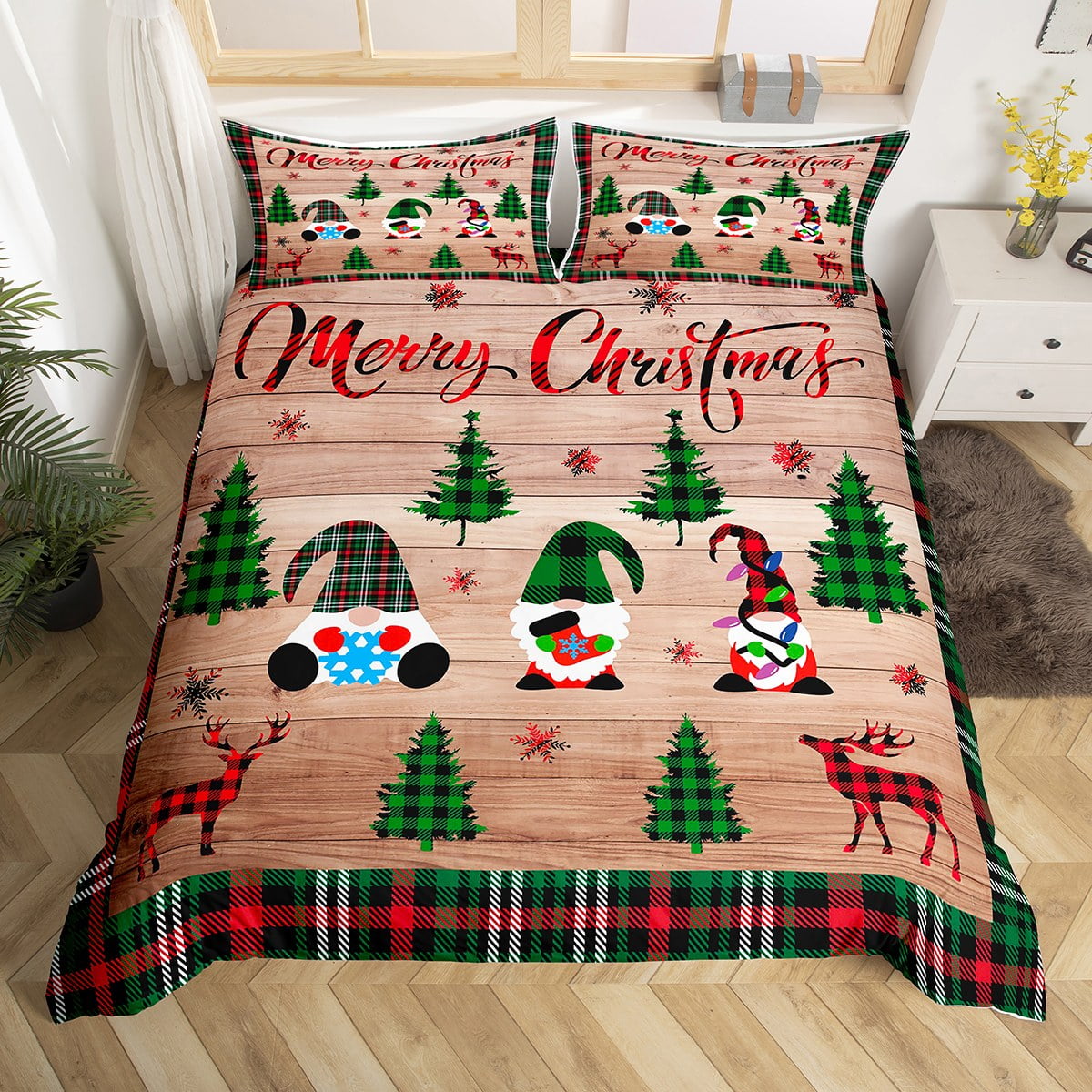 Christmas Santa Dwarf Duvet Cover Green Lattice Christmas Tree Bedding ...