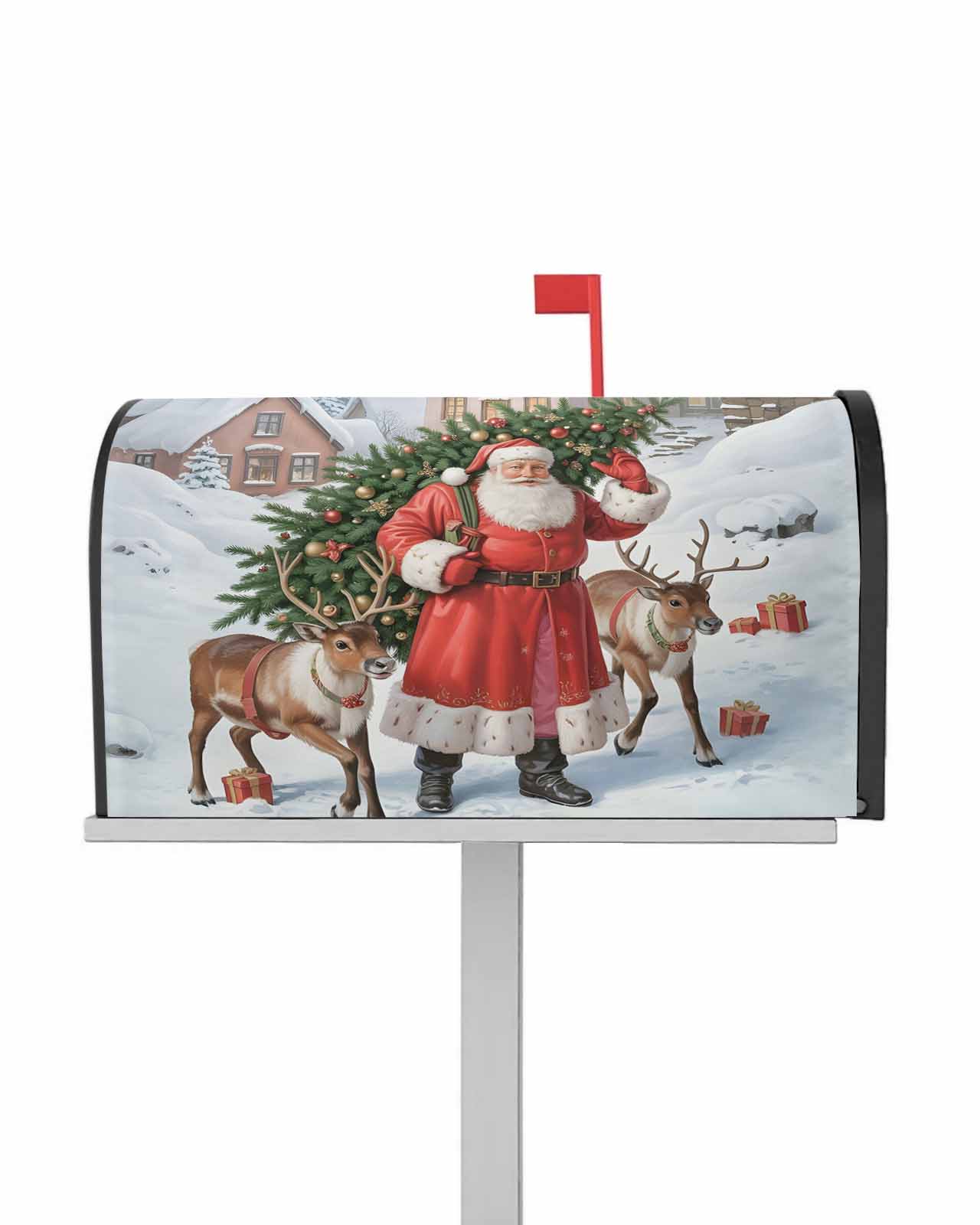 Christmas Santa Elk Mailbox Cover, Vintage Oil-Painting Style Xmas Tree ...