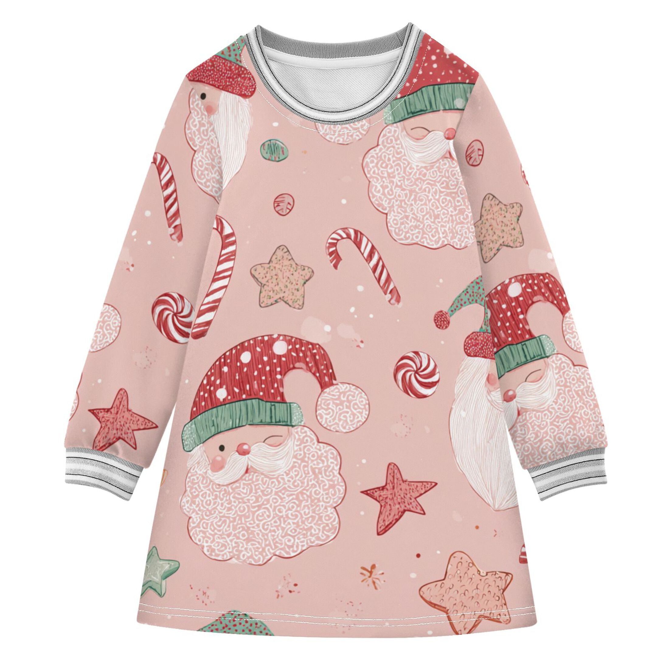 Christmas Santa Face Stars Candy Cane Long-sleeved Dress A-line One ...