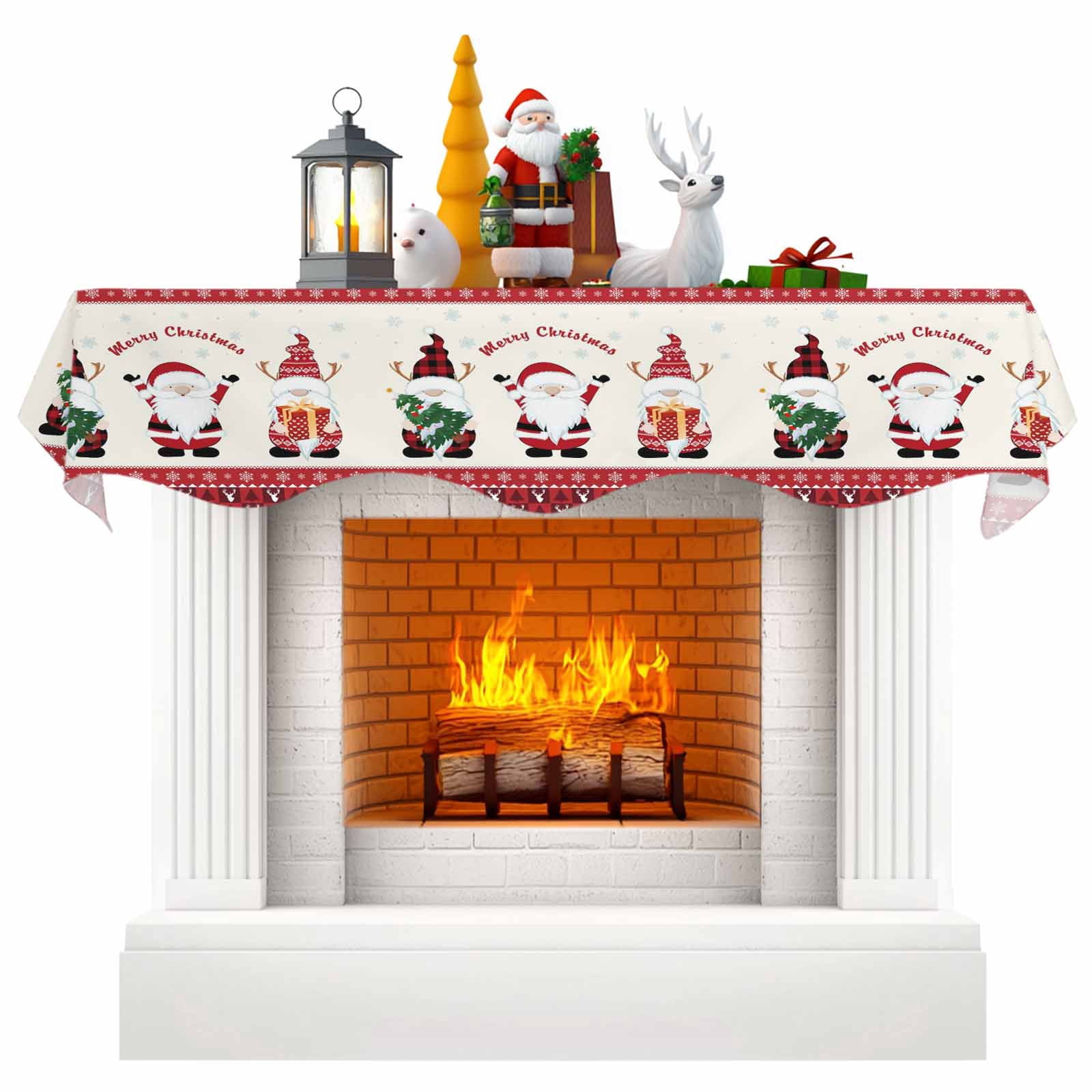Christmas Santa Fireplace Mantle Scarf, Xmas Gnomes Snowflake Red Plaid ...