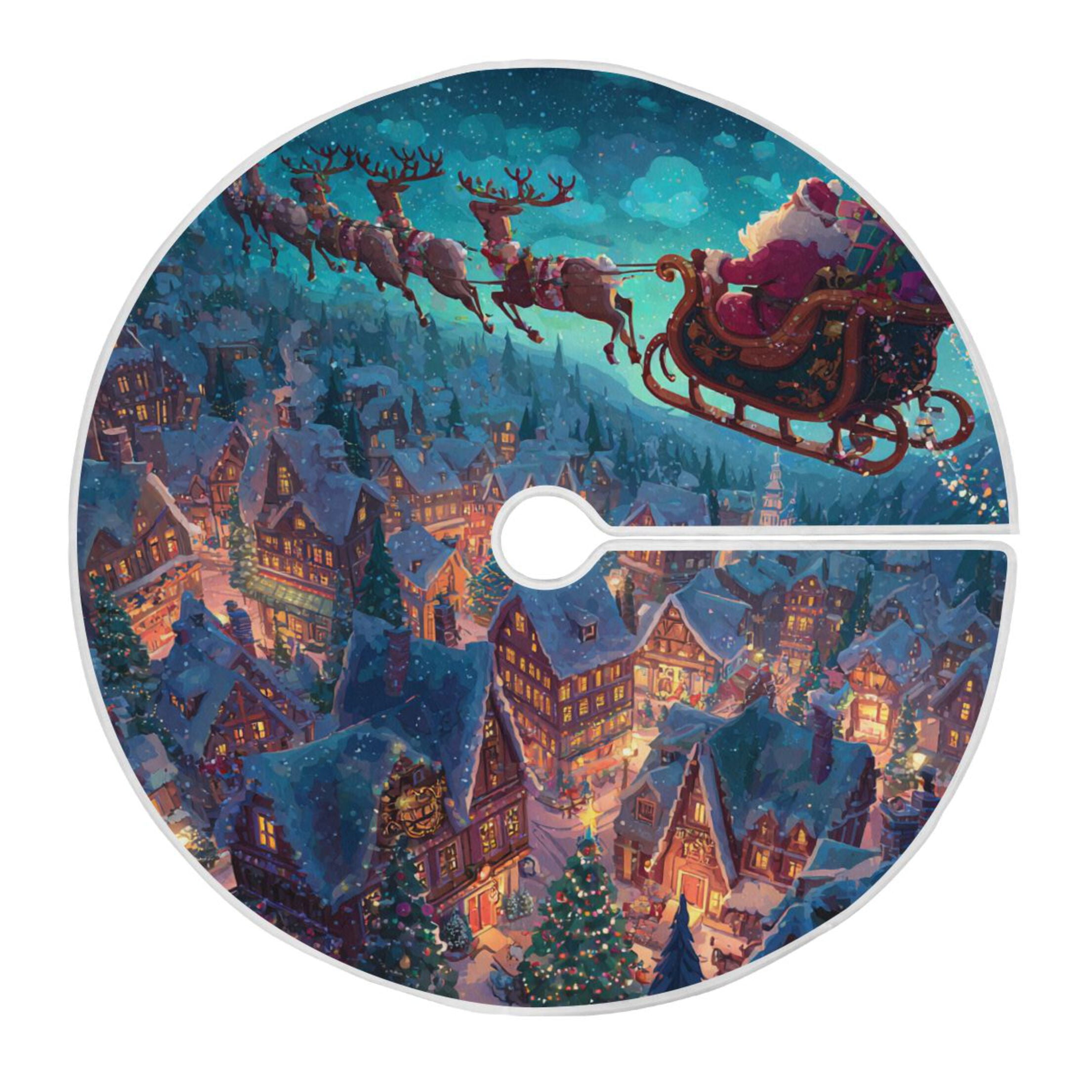Christmas Santa Flying Reindeer Pull Sleigh Christmas Tree Skirt ...