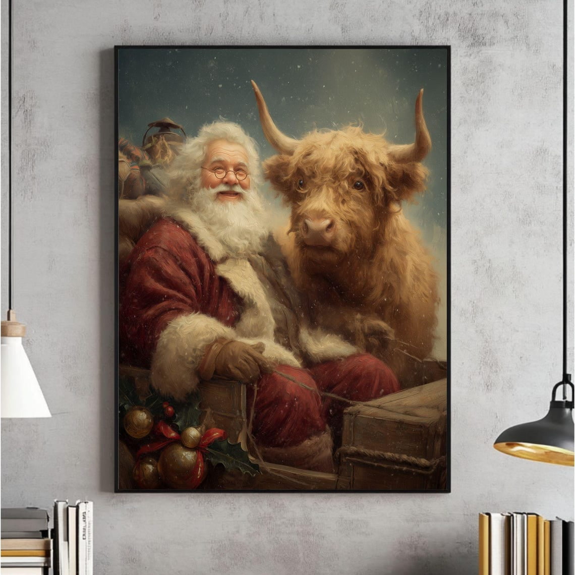 Christmas Santa And Highland Cow Wall Art, Rustic Highland Cow Decor ...