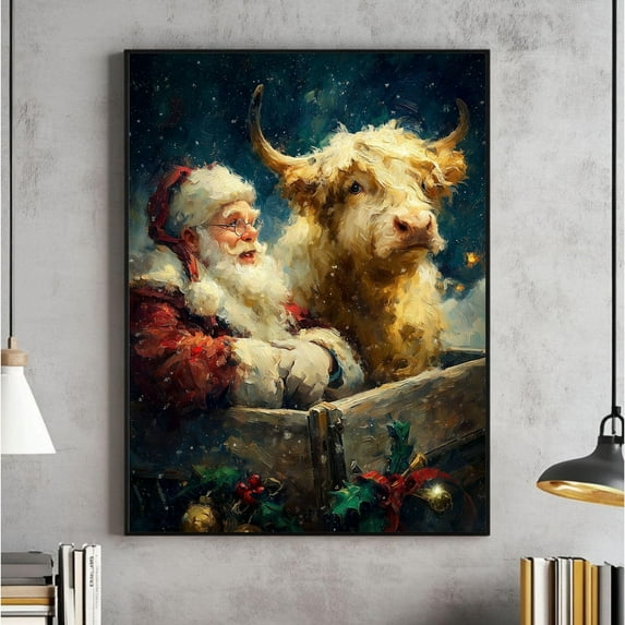 Christmas Santa And Highland Cow Wall Art, Rustic Highland Cow Decor ...