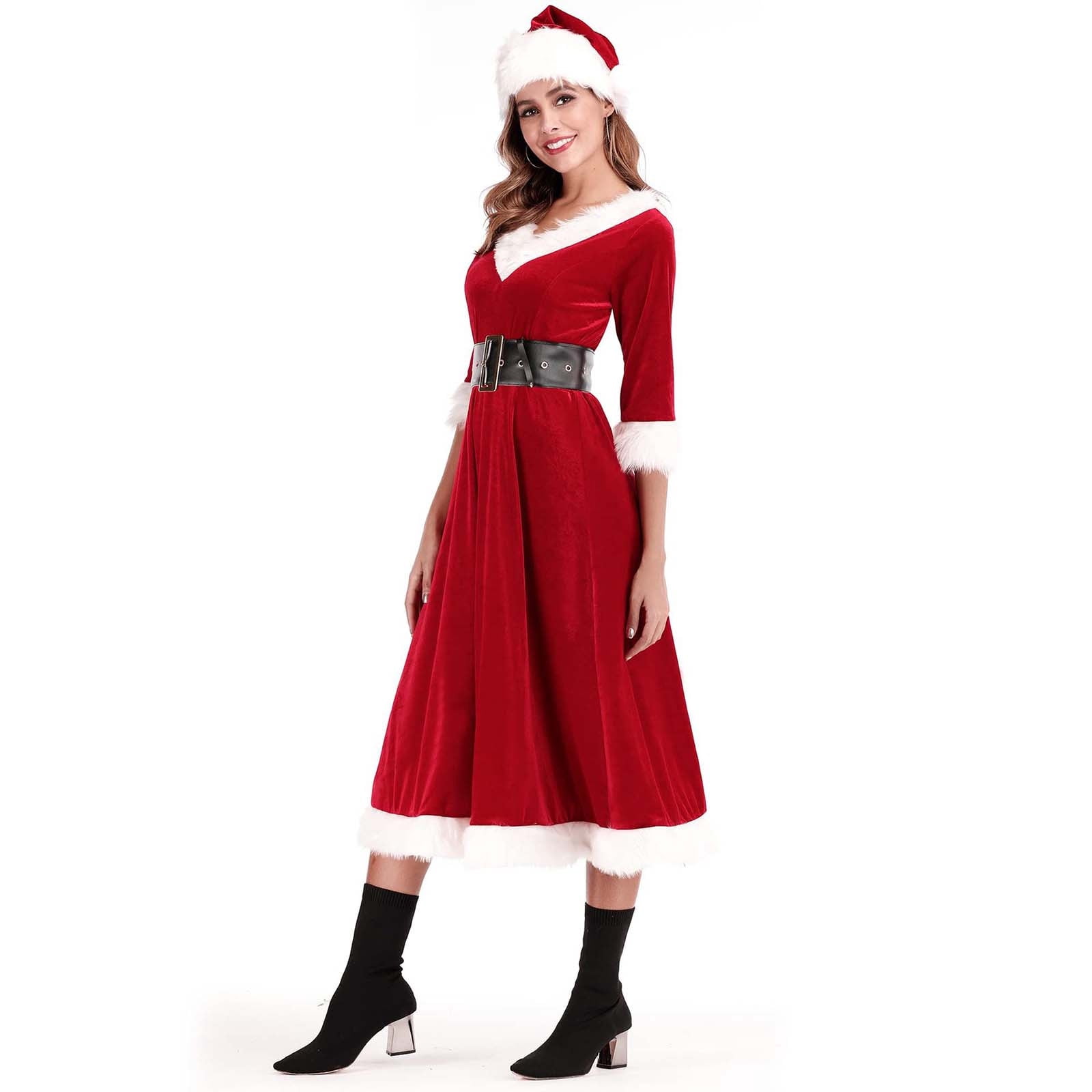 Christmas Santa Outfit Long Sleeve Dress Christmas Dress Red Hat Set ...