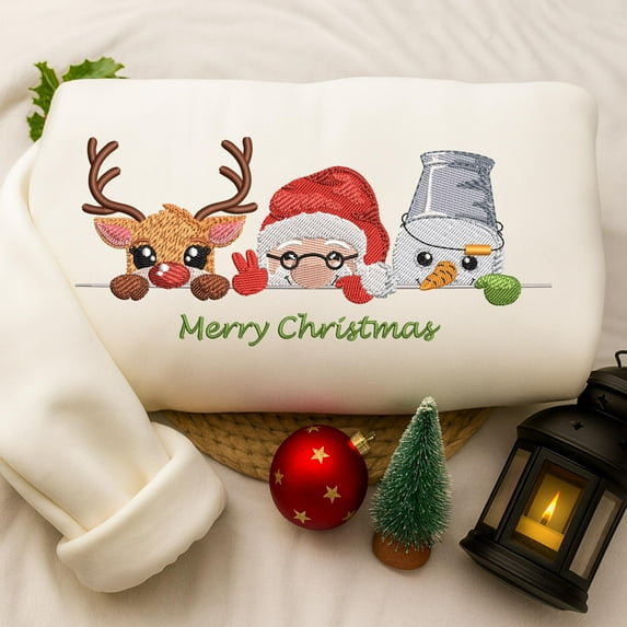 Christmas Santa Reindeer Snowman Embroidered Sweatshirt, Merry ...
