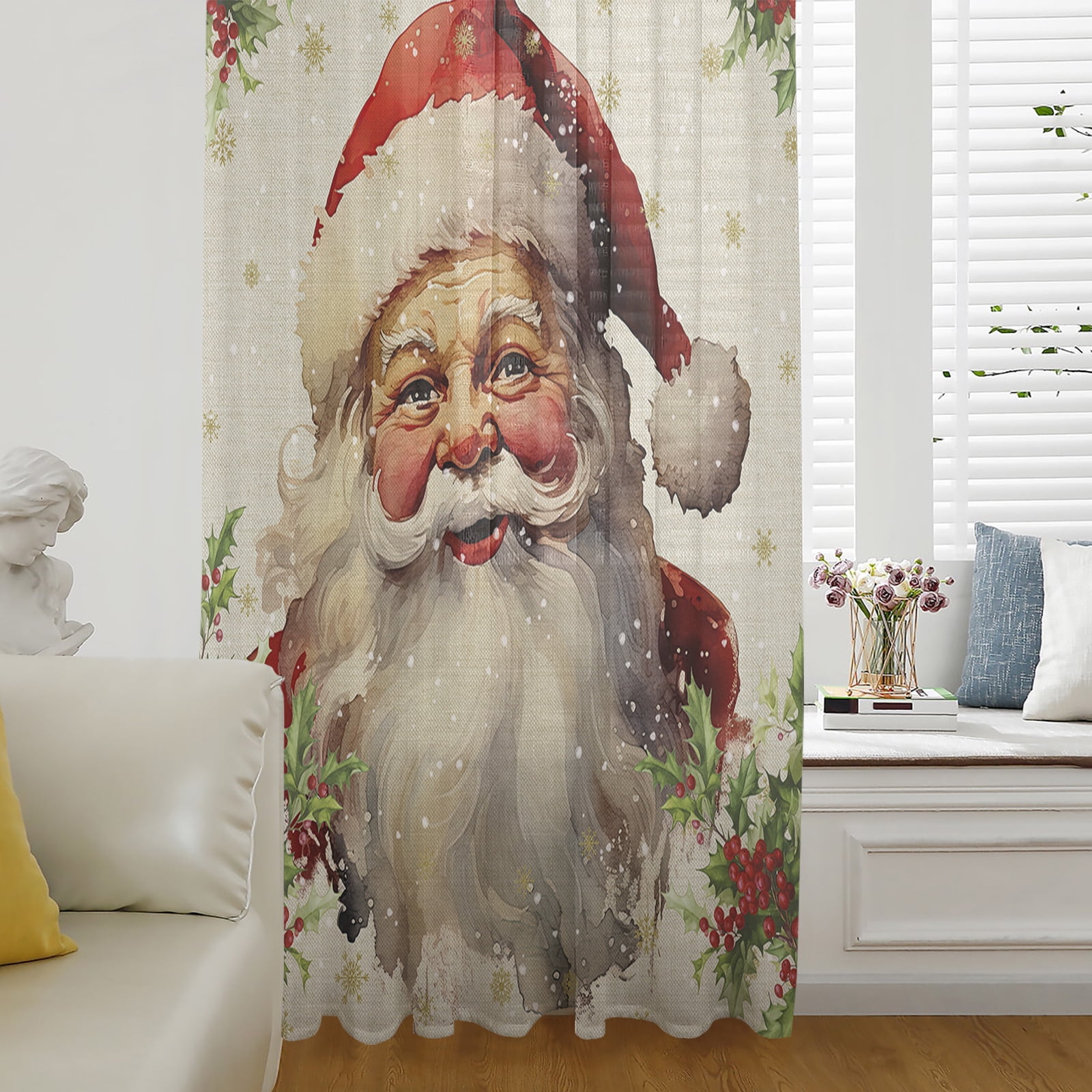 Christmas Santa, Semi Sheer Curtains Drapes for Living Room, Bedroom ...