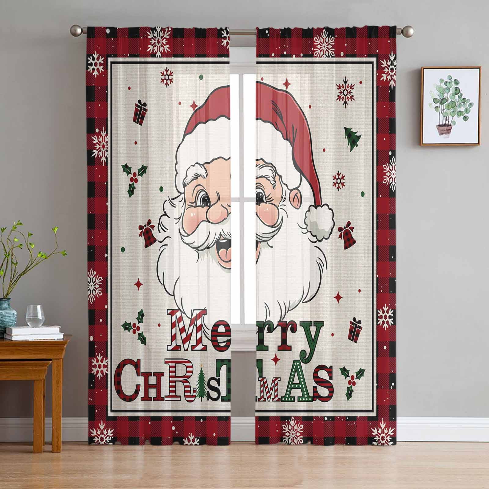 Christmas Santa Sheer Curtains 72 Inches Long, Winter Xmas Snowflakes ...