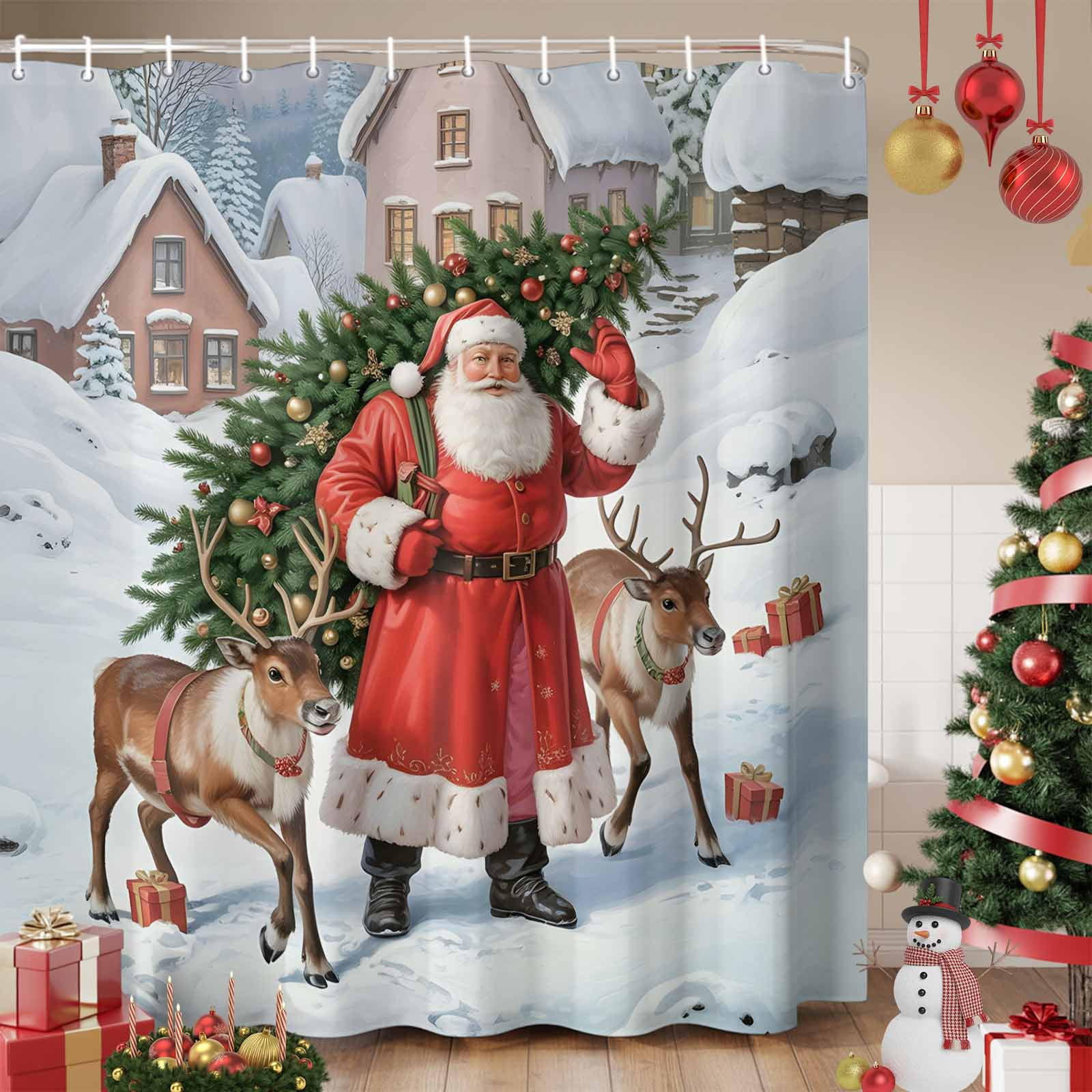 Christmas Santa Shower Curtain, Winter Elk Xmas Tree Snowflake House ...