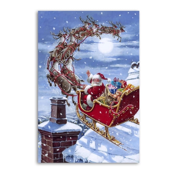 Christmas Santa Sleigh Flying Reindeer Art Poster Canvas Painting Decor ...