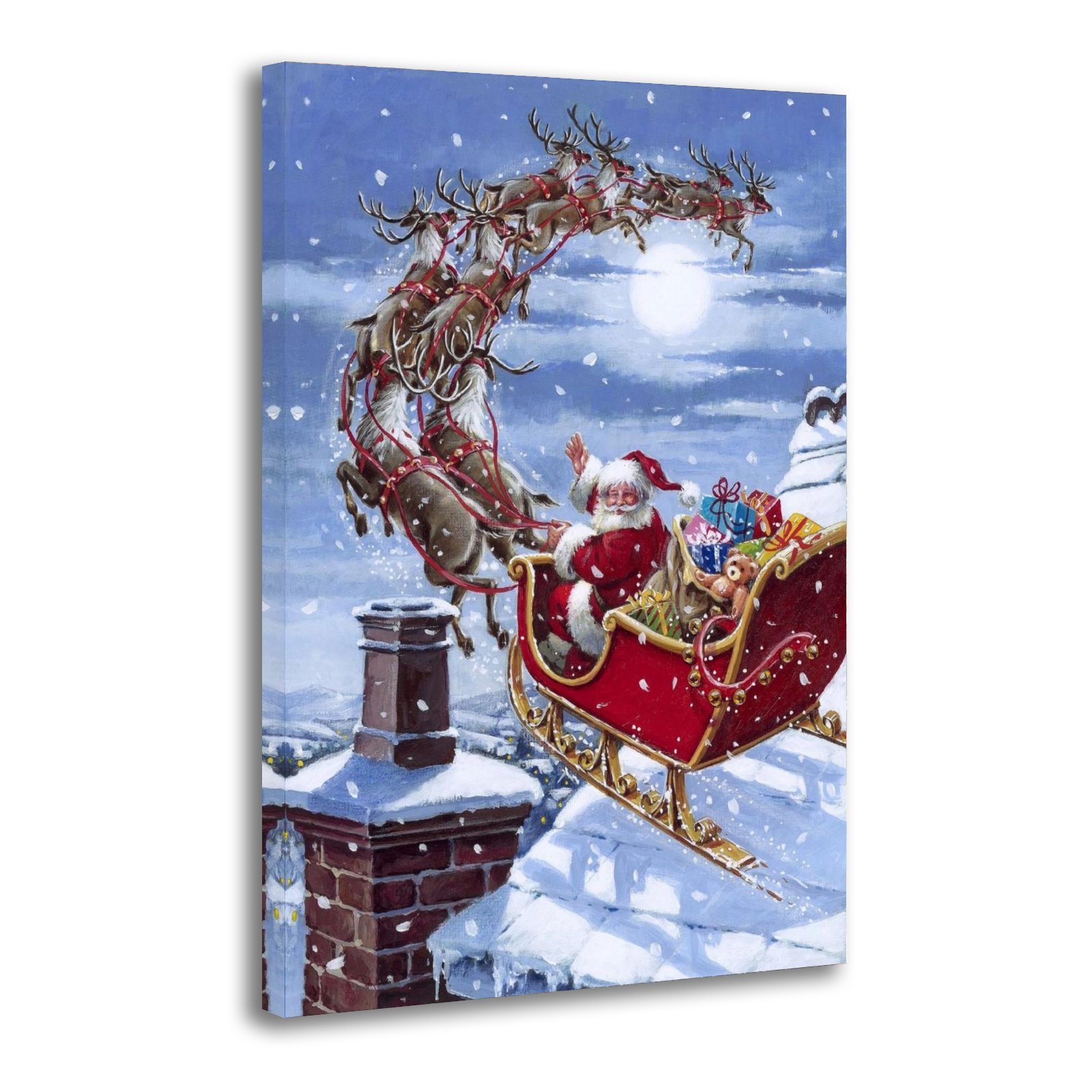 Christmas Santa Sleigh Flying Reindeer Print Photo Art Painting Canvas ...