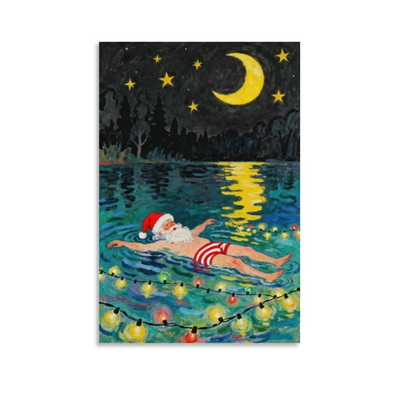 Christmas Santa Swimming Poster Painting On Canvas Wall Art Poster ...