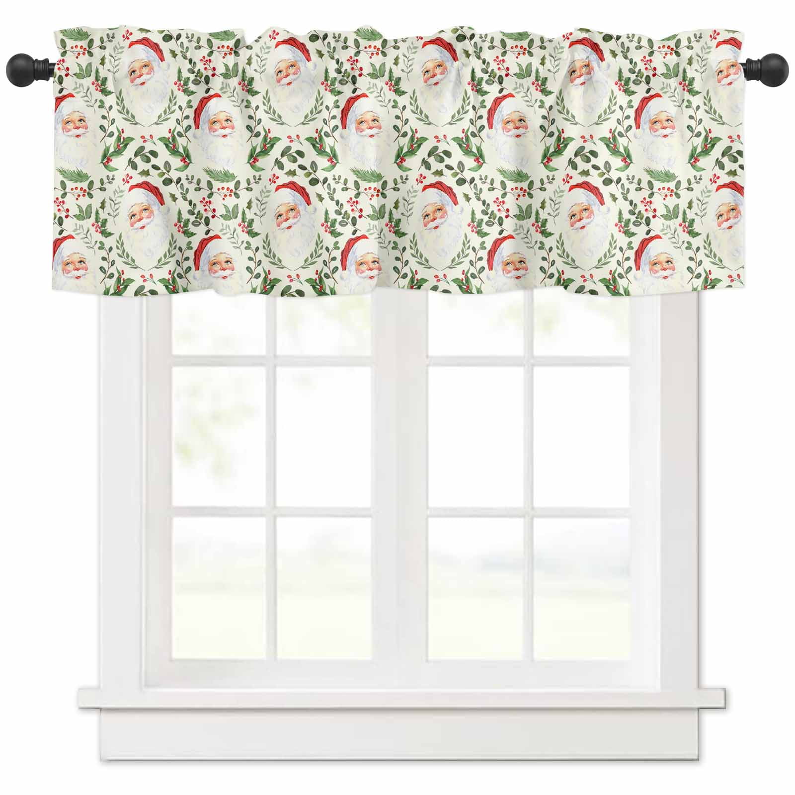 Christmas Santa Valances for Windows, Claus Holly Berry Eucalyptus ...