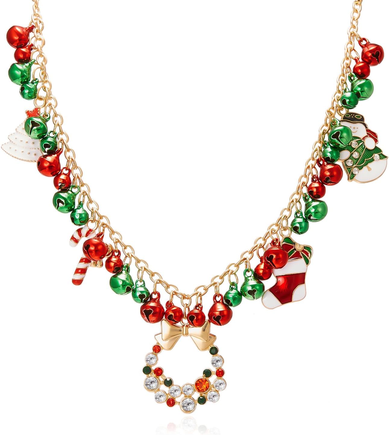 Christmas Santa Wreath & Bell Pendant Necklace, Red Green Crystal Gold ...