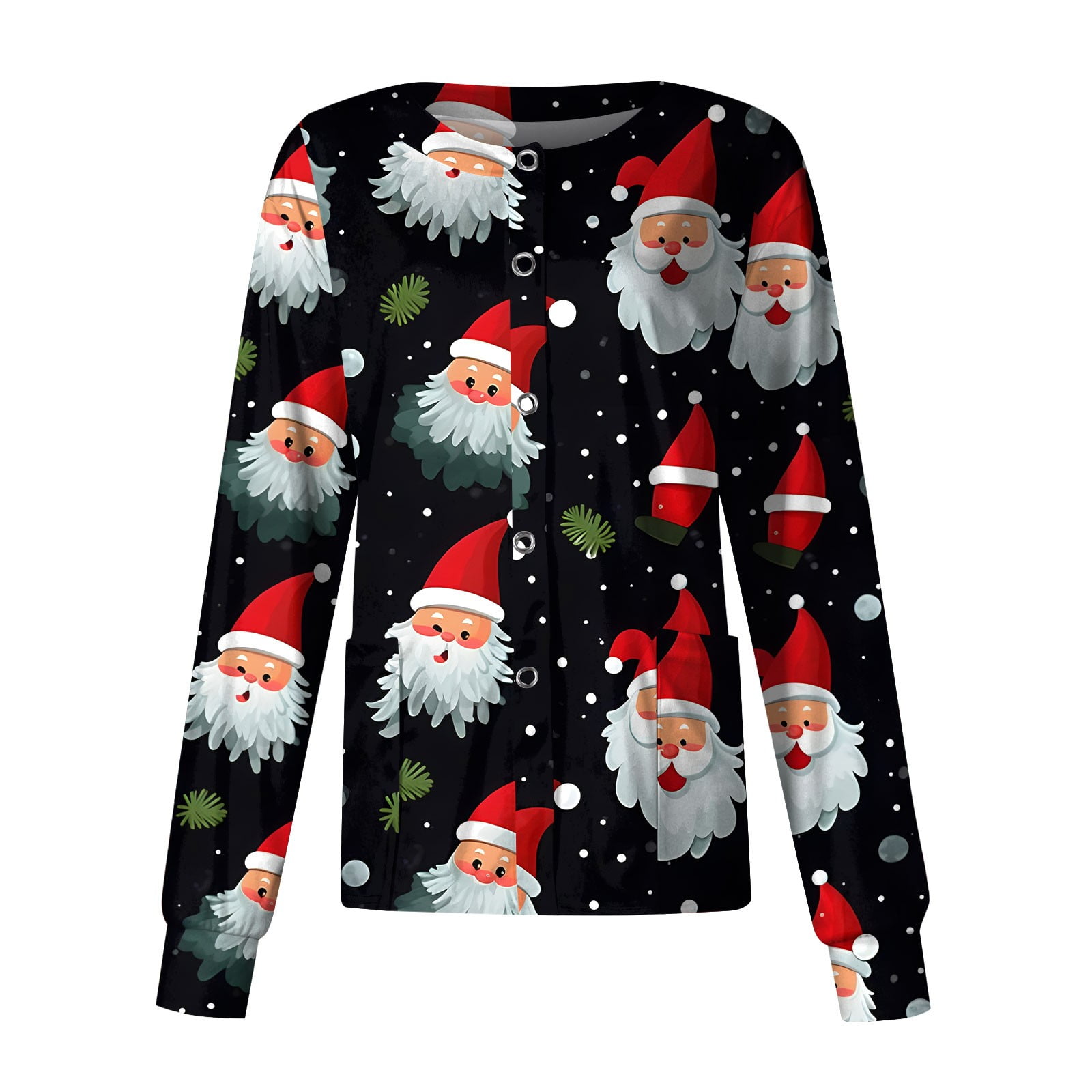 Christmas Scrub Jacket Women Long Sleeve Button Down Tree Crew Neck ...