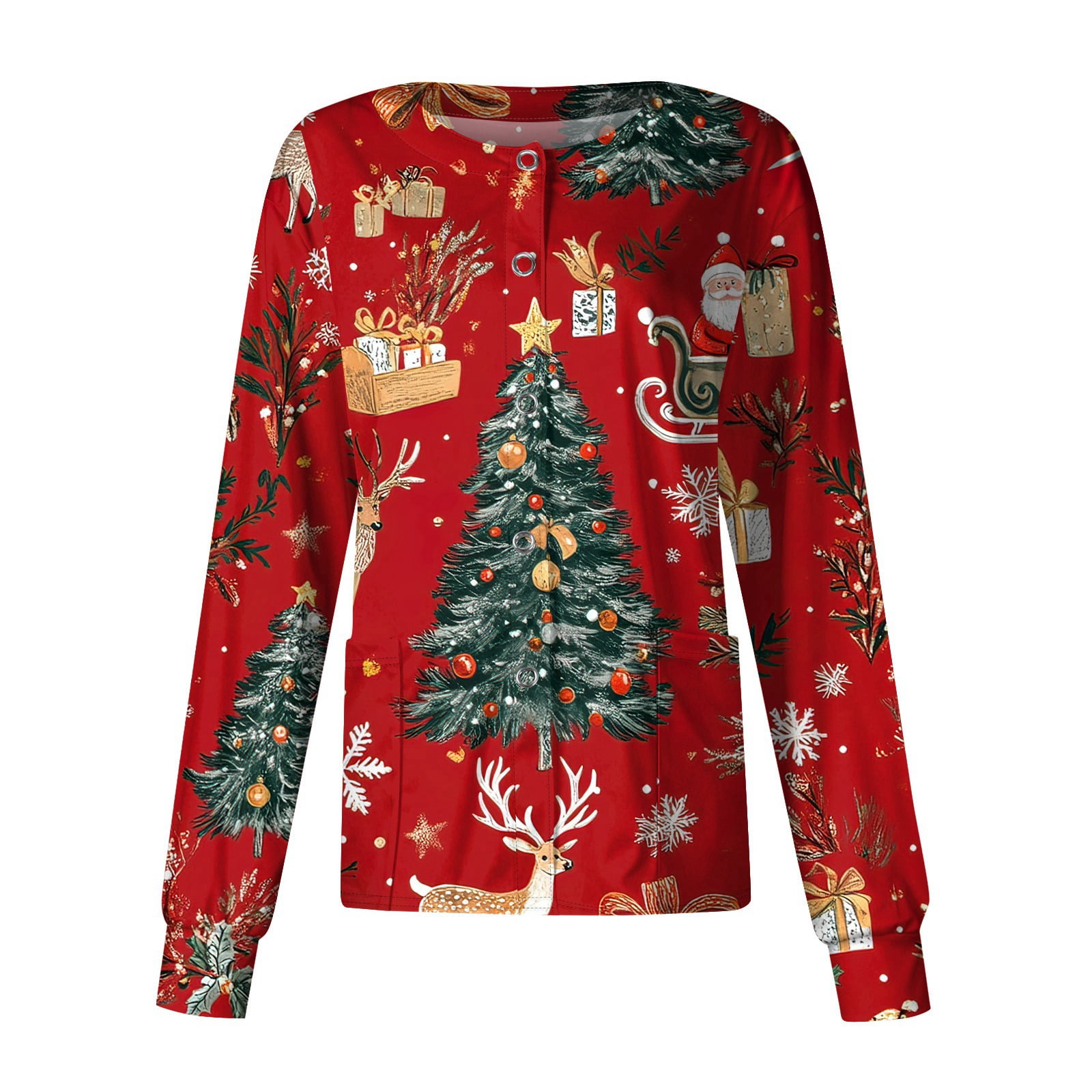 Christmas Scrub Jackets Women Plus Size Stretchy Christmas Tree Long ...