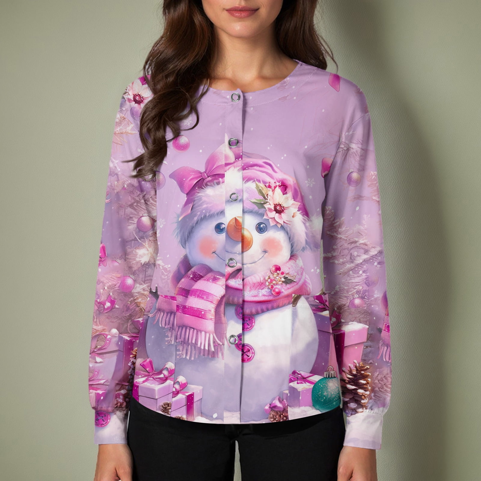 Christmas Scrub Jackets for Woman Long Sleeve Snowflake Print Scrub Top ...