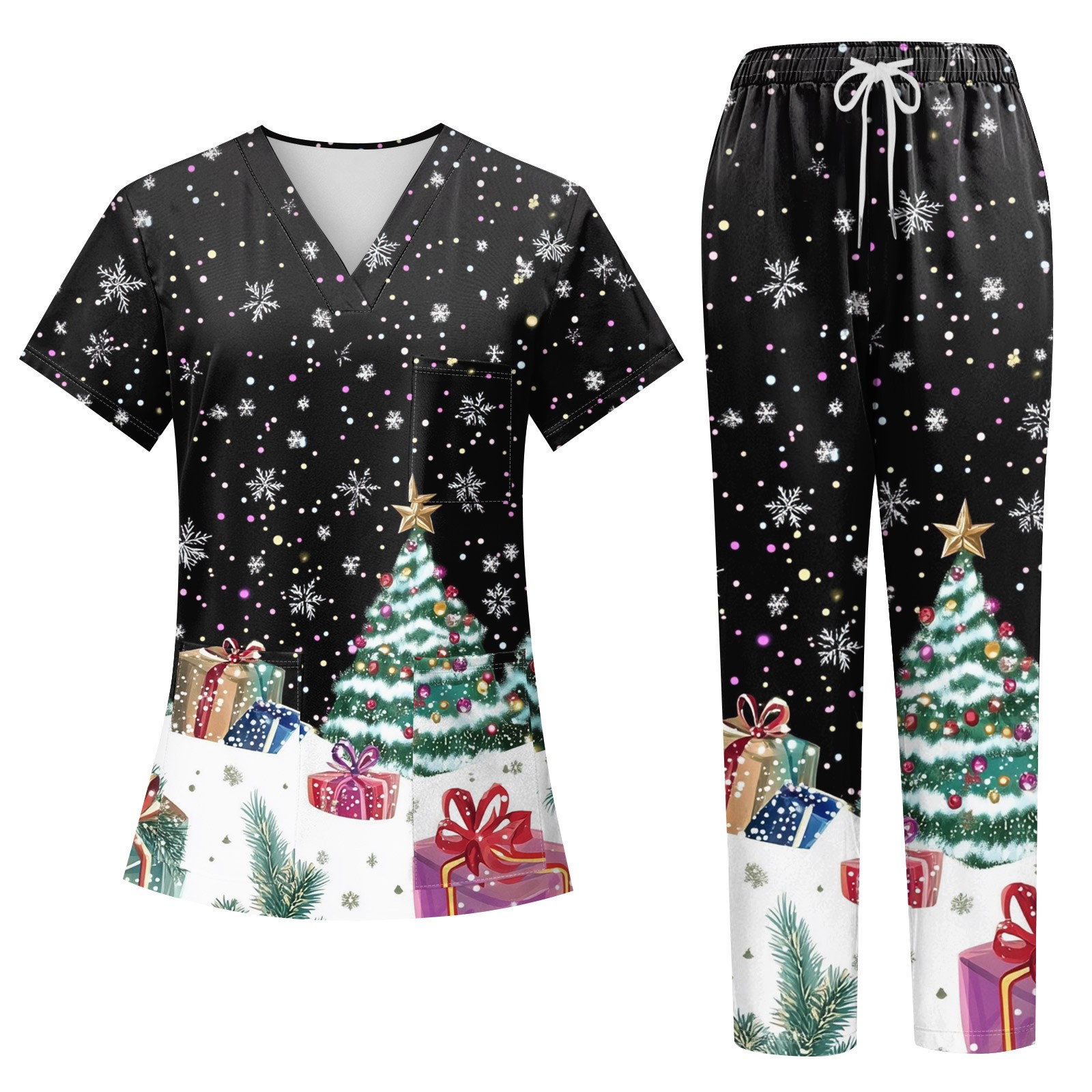 Christmas Scrub Sets for Women Stretch V Neck Scrubs Top and Pants Cute ...