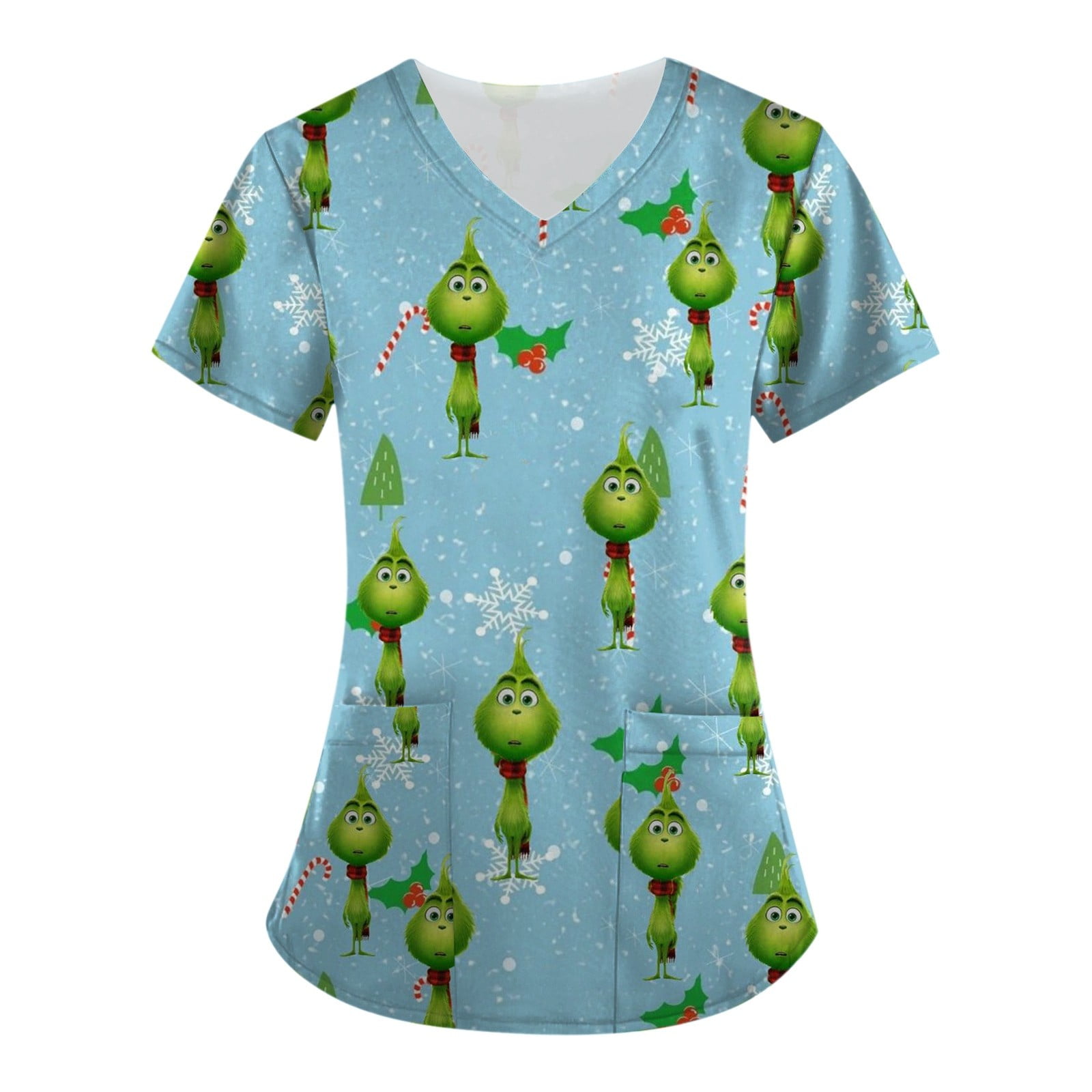 Christmas Scrub Tops for Women 2024 LHOO Grinch Printed V-Ncek Short ...