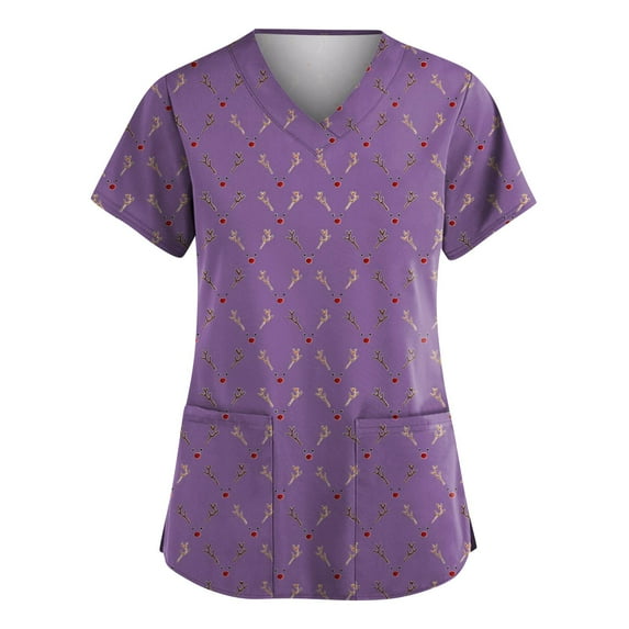 Christmas Scrub Tops Women Short Sleeve V Neck Nurse Shirt with Two ...