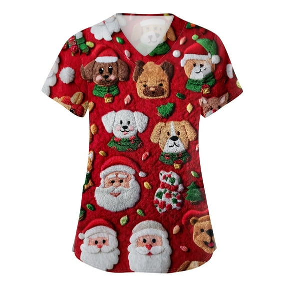 Christmas Scrubs Top for Women V Neck Cute Santa Printed Scrub Tops ...