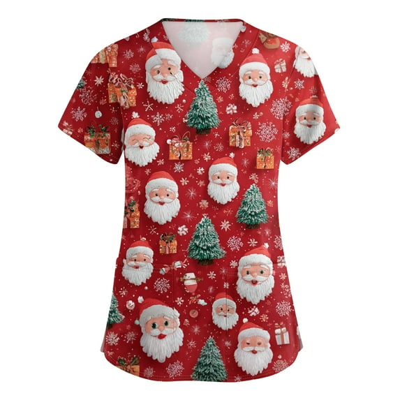 Christmas Scrubs Top for Women V Neck Cute Santa Printed Scrub Tops ...