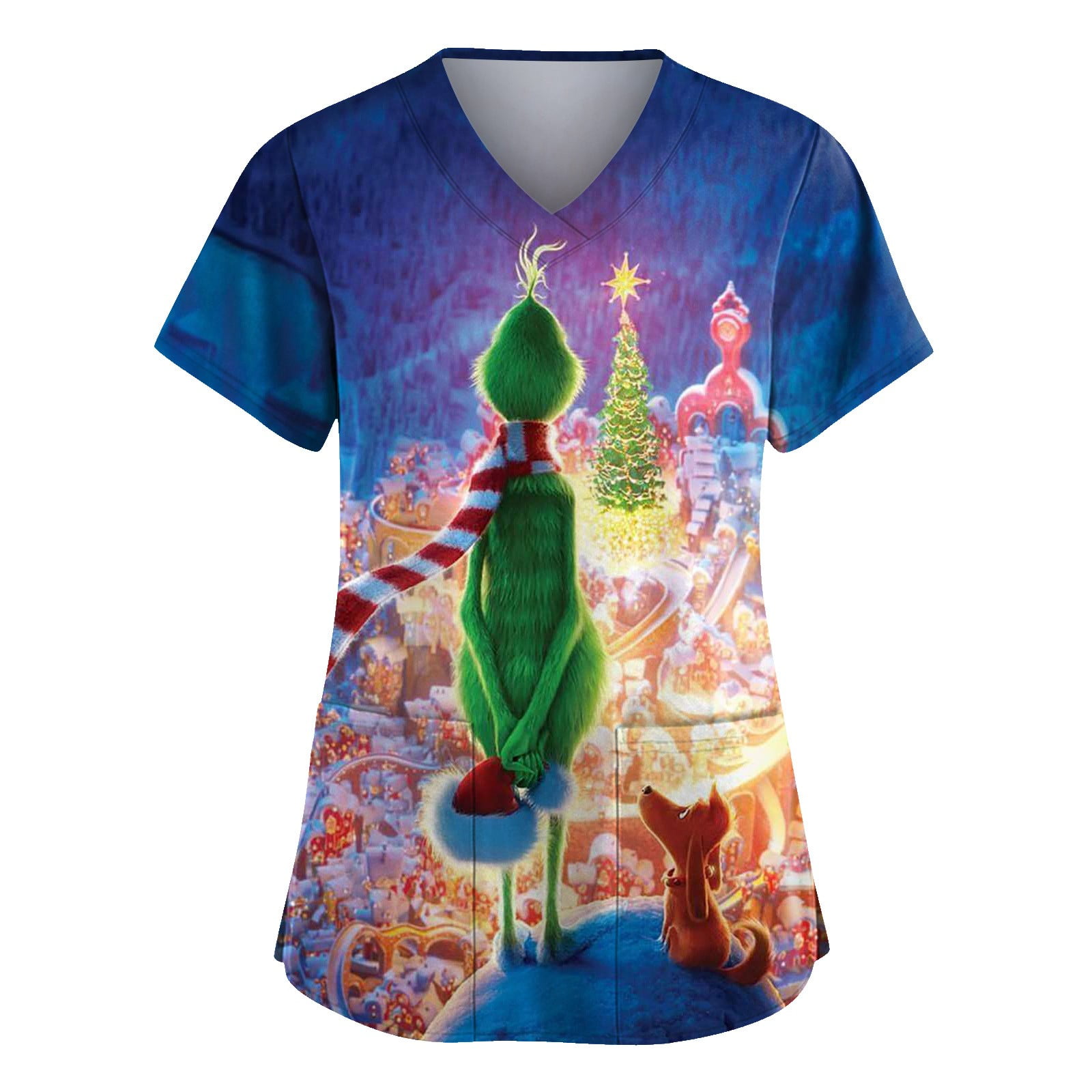 Christmas Scrubs Tops for Women, Women's Scrub Tops Grinch Printed V ...
