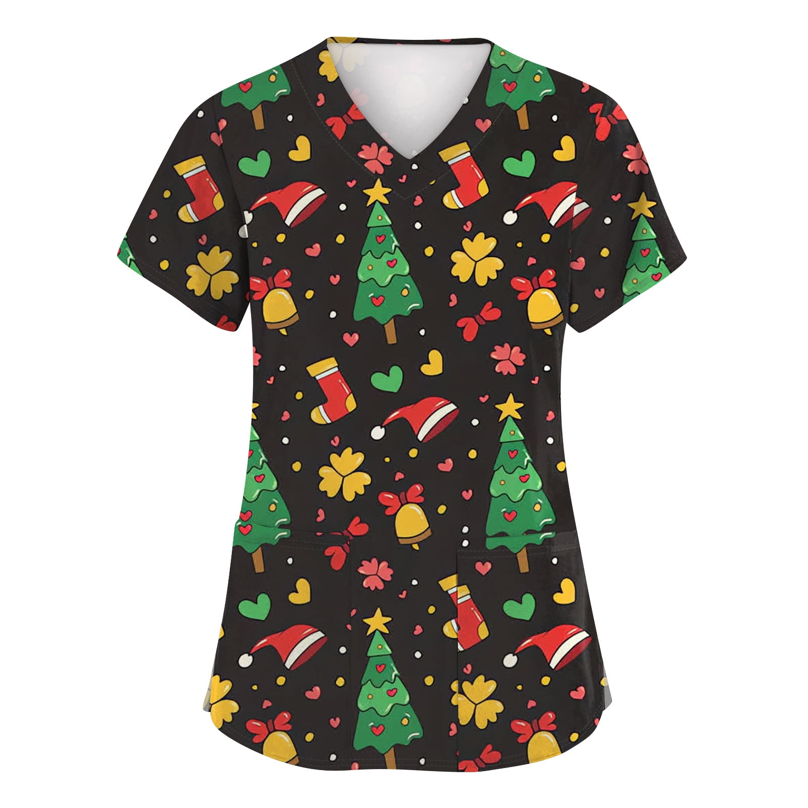 Christmas Scrubs Tops for Women Plus Size Stretchy Short Sleeve V Neck ...