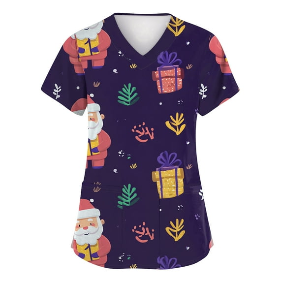 Christmas Scrubs Tops for Women Plus Size Stretchy Short Sleeve V Neck ...