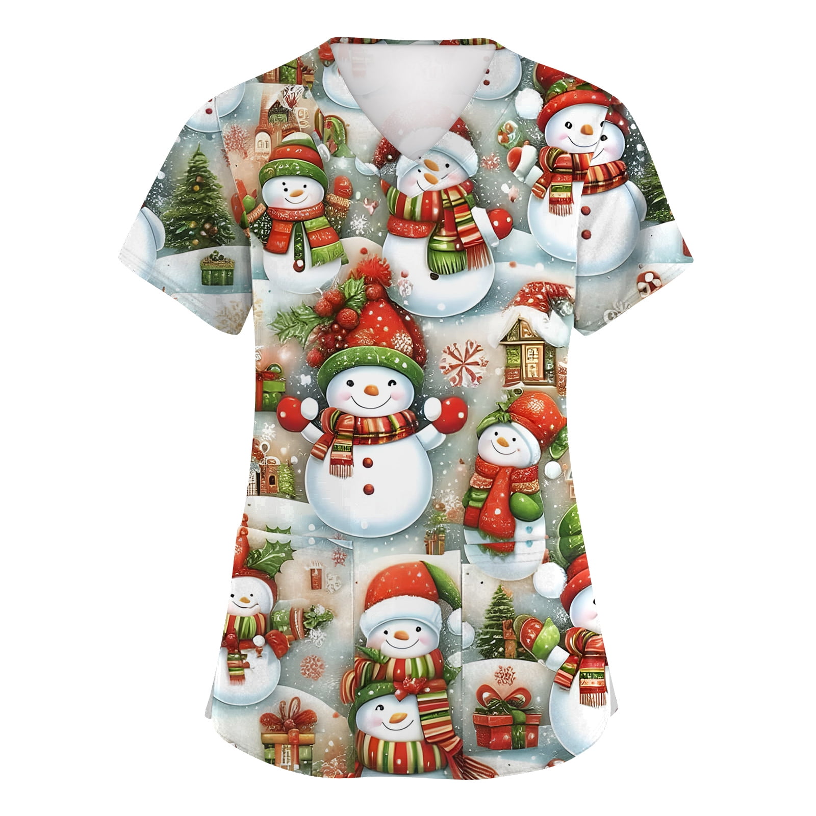 Christmas Scrubs Tops for Women Plus Size Stretchy Short Sleeve V Neck ...
