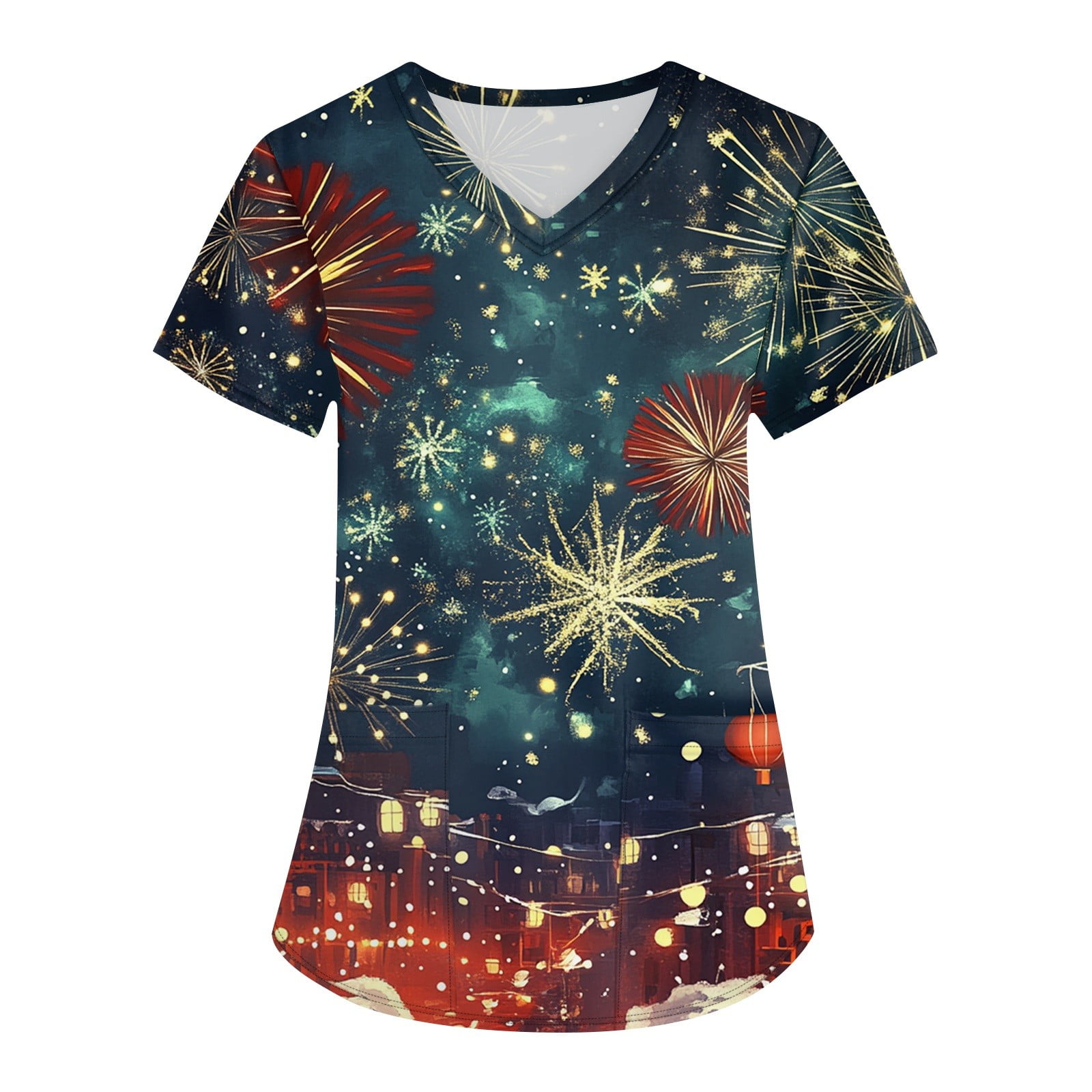 Christmas Scrubs Women Medium V Neck Reindeer Short Sleeve Happy New Year 2025 Shirts Graphic ...