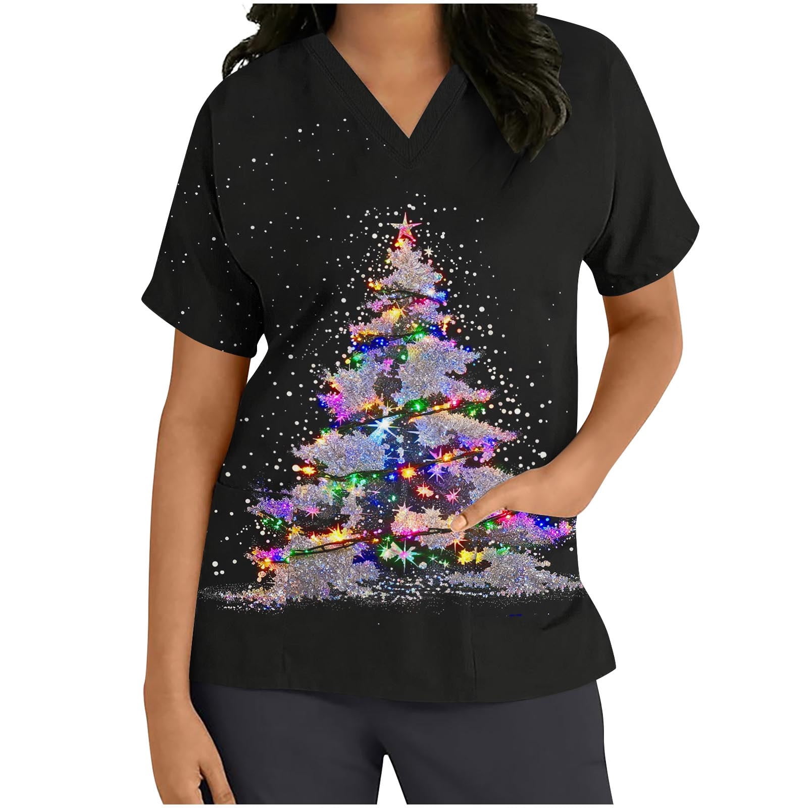 Christmas Scrubs for Women, Aofany Xmas Tree Print Scrubs Tops Workwear ...