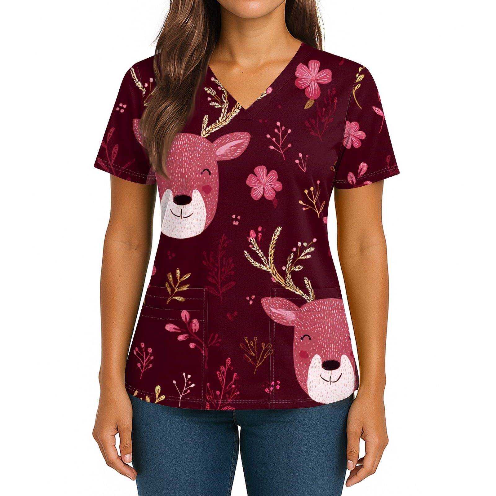 Christmas Scrubs for Women Short Sleeve Plus Size Nurse Shirts Print ...