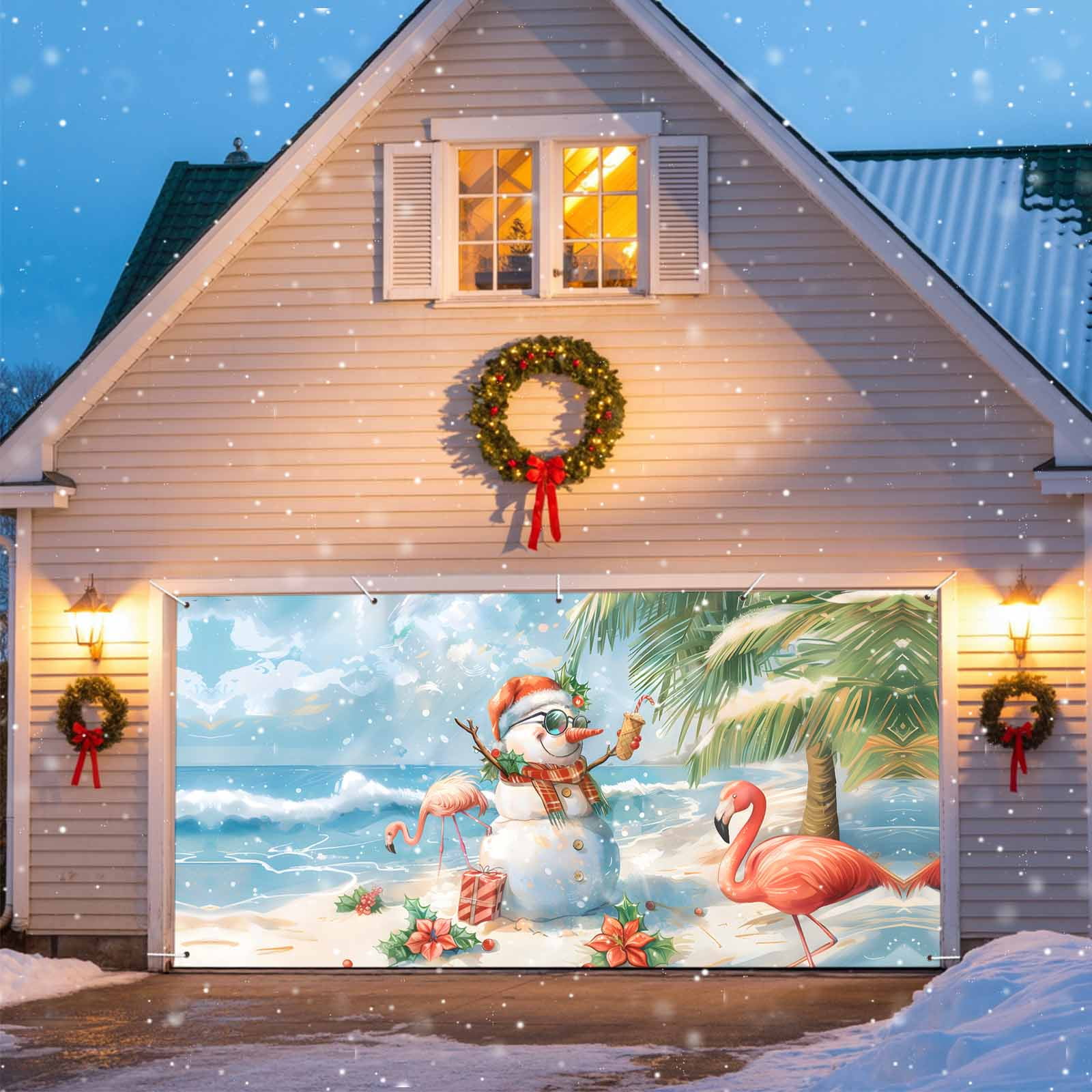 Christmas Seaside Garage Door Banner Covers, Snowman Red Bird Ocean ...
