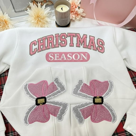 Christmas Season Embroidered Sweatshirt, Christmas Pink Side Bow Shirt ...