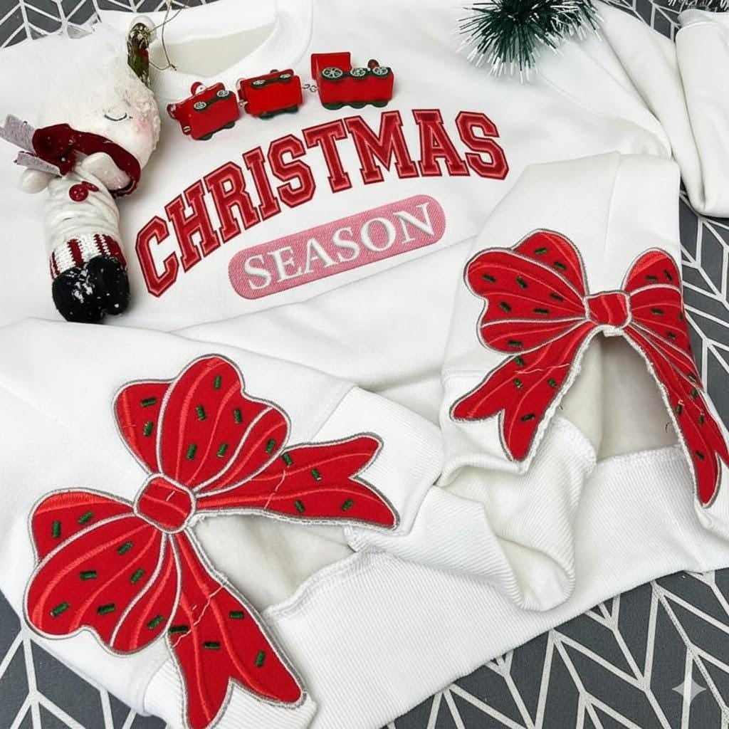 Christmas Season Embroidered Sweatshirt, Christmas Red Side Bow Shirt ...