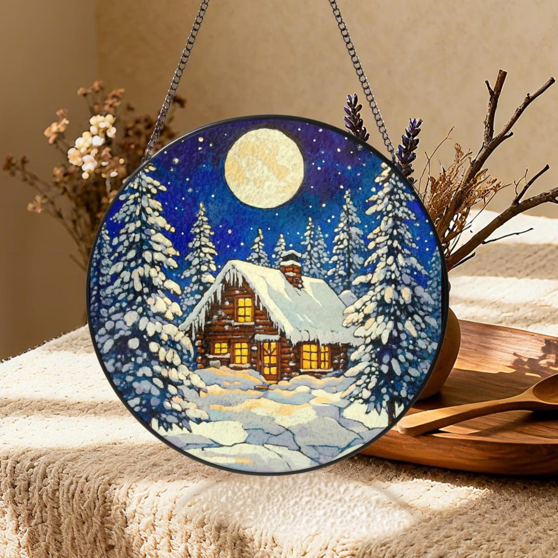 Christmas Season Glass Suncatcher, Winter Light Catcher Window Art ...