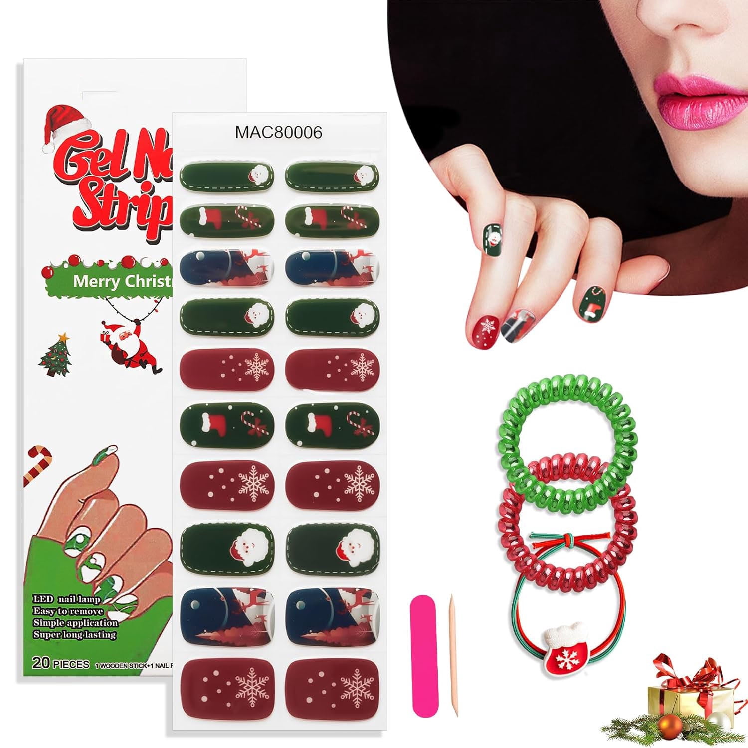 Christmas Semi Cured Gel Nail Strips – 20PCS Full Wrap Nail Stickers ...