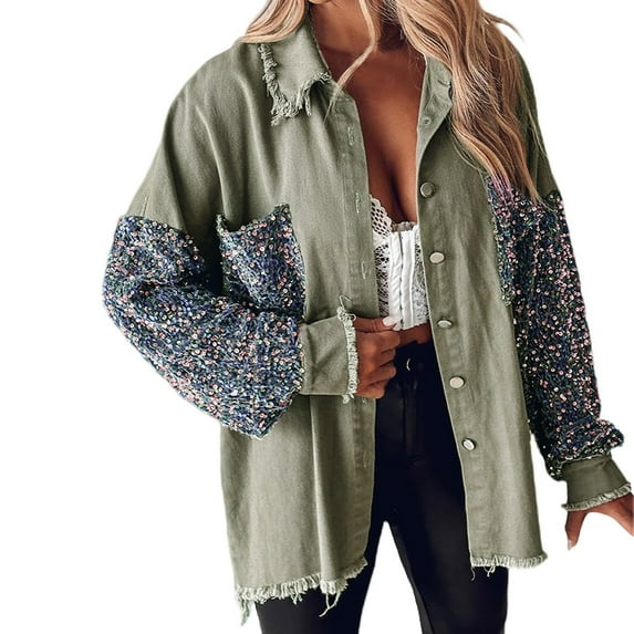 Christmas Sequin Patchwork Denim Jacket For Women Long Sleeve Lapel ...