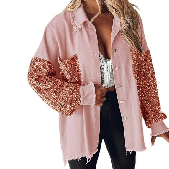 Christmas Sequin Patchwork Denim Jacket For Women Long Sleeve Lapel ...