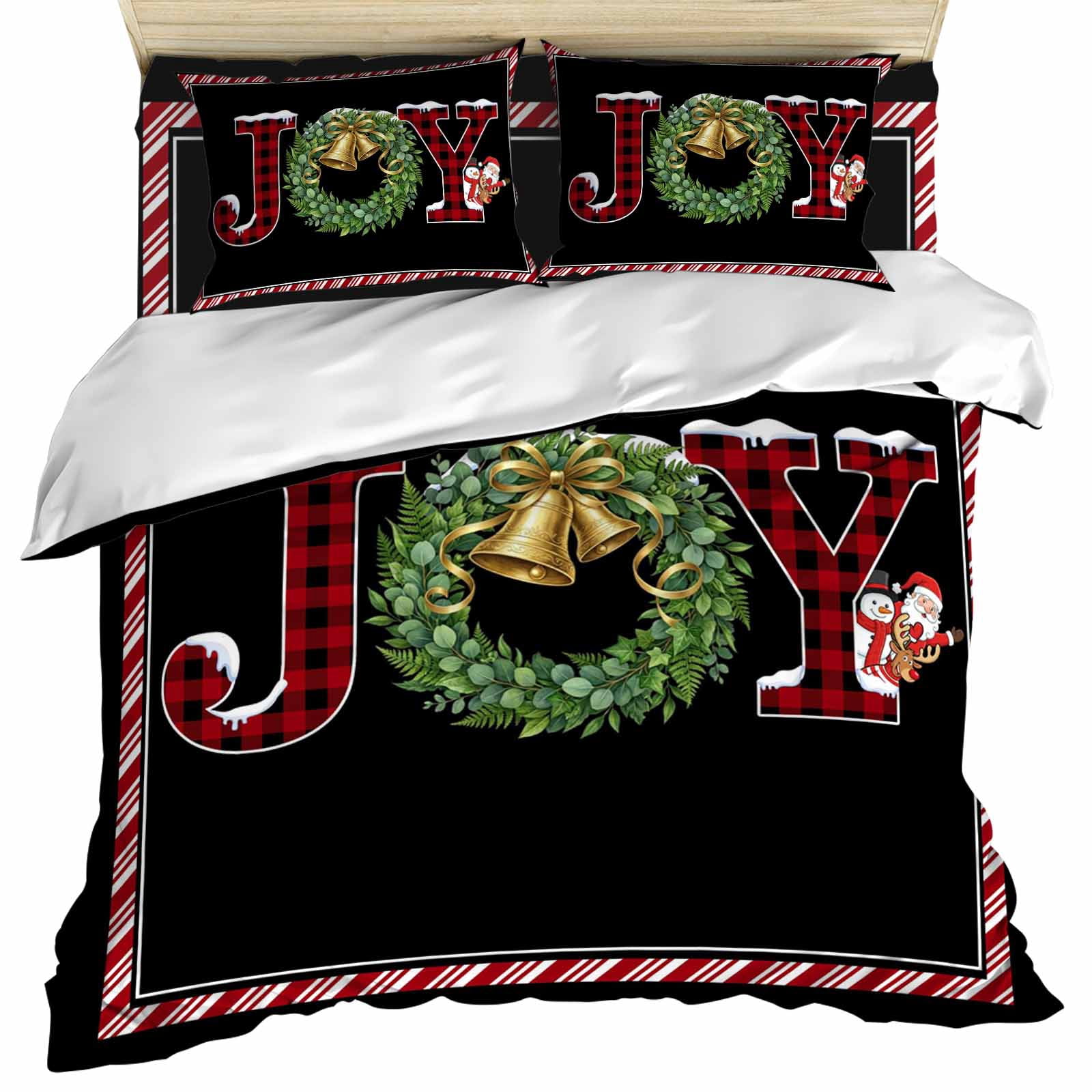 Christmas Set of 4 Bedding Quilt Covers, Winter Snowman Santa Red Black ...